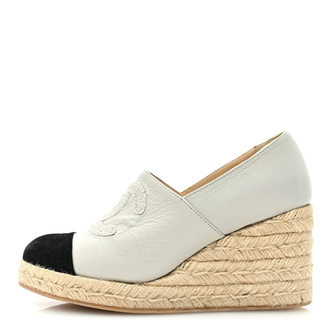 Chanel Lambskin Suede CC Espadrille Wedge Beige White & Black – Roziera
