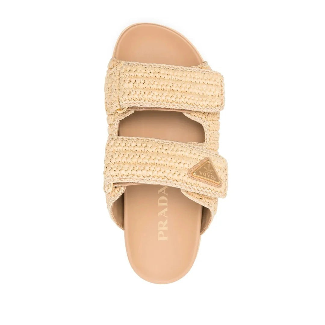 Prada Nappa Metal Triangle Logo Flat Slide Sandals Travertino Beige ...
